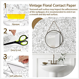 Cohoo Home Leaf Wallpaper Peel and Stick Wallpaper Boho Leaves Contact Paper for Cabinets and Drawer 17.3“×118” Gray White Floral Self-Adhesive Removable Wallpaper Bedroom Bathroom Waterproof Neutral