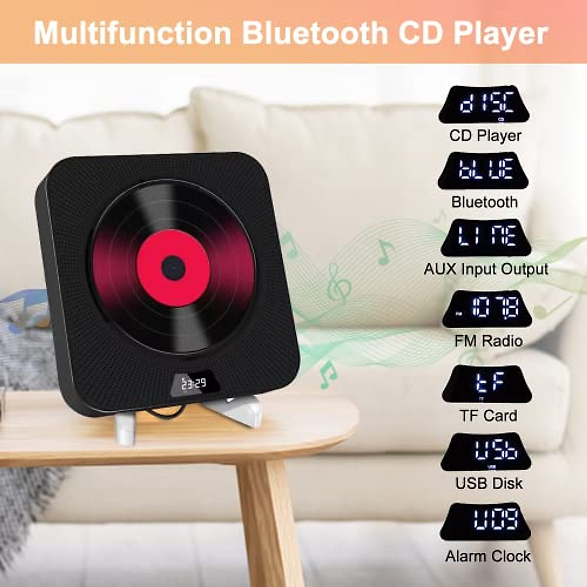 Portable Bluetooth CD Player,Wall Mountable CD Player for Home with Remote Control Dust Cover LCD Display Built-in HiFi Speakers FM Radio,Support CD/MP3/USB/TF/AUX Input Output (Black)