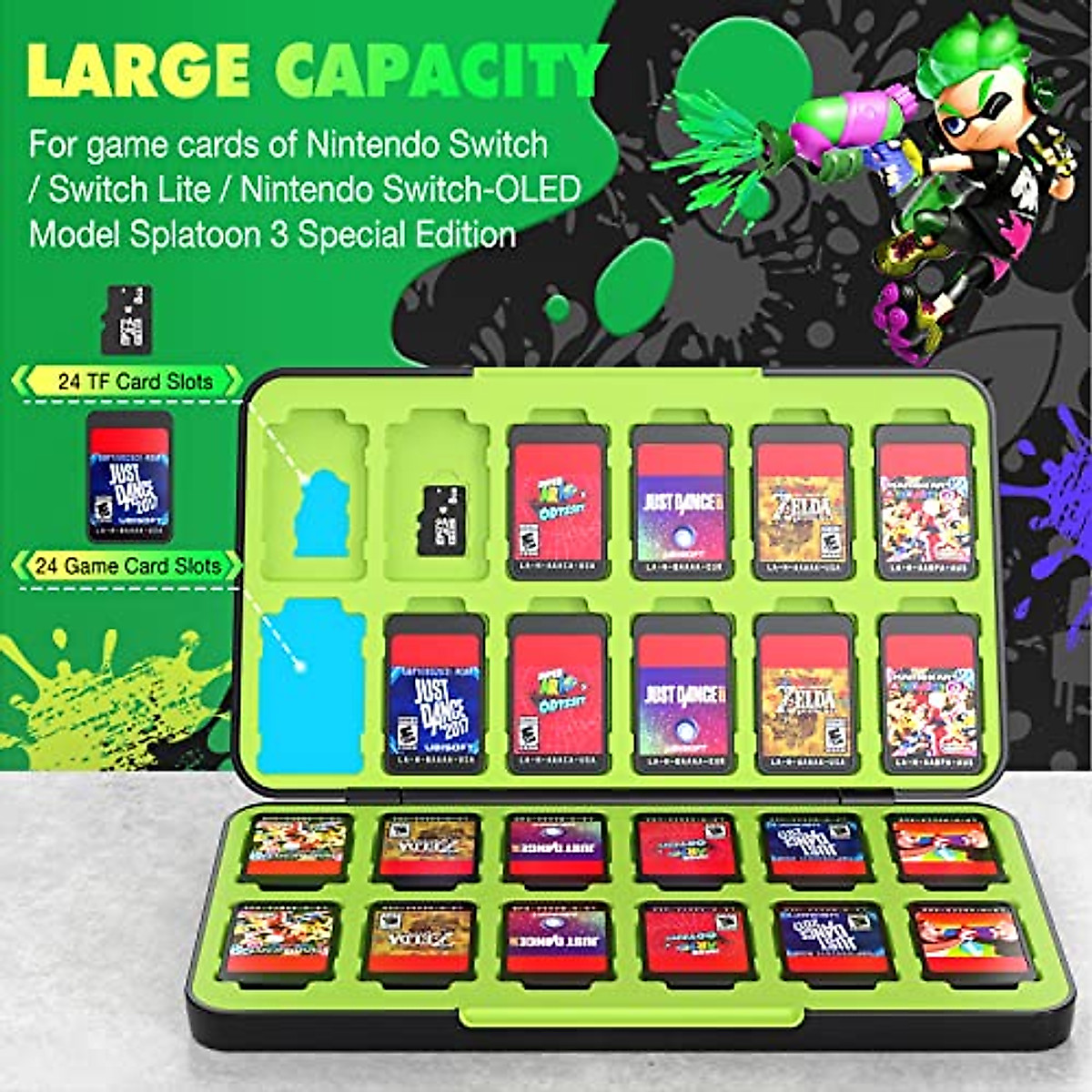 MoKo 24 Game Card Case Compatible with Nintendo Switch OLED Model/Switch/Switch Lite, Switch Game Holder Case for 24 Switch Game Card & 24 SD Card, Slim & Portable Game Card Storage Box, Green Yellow
