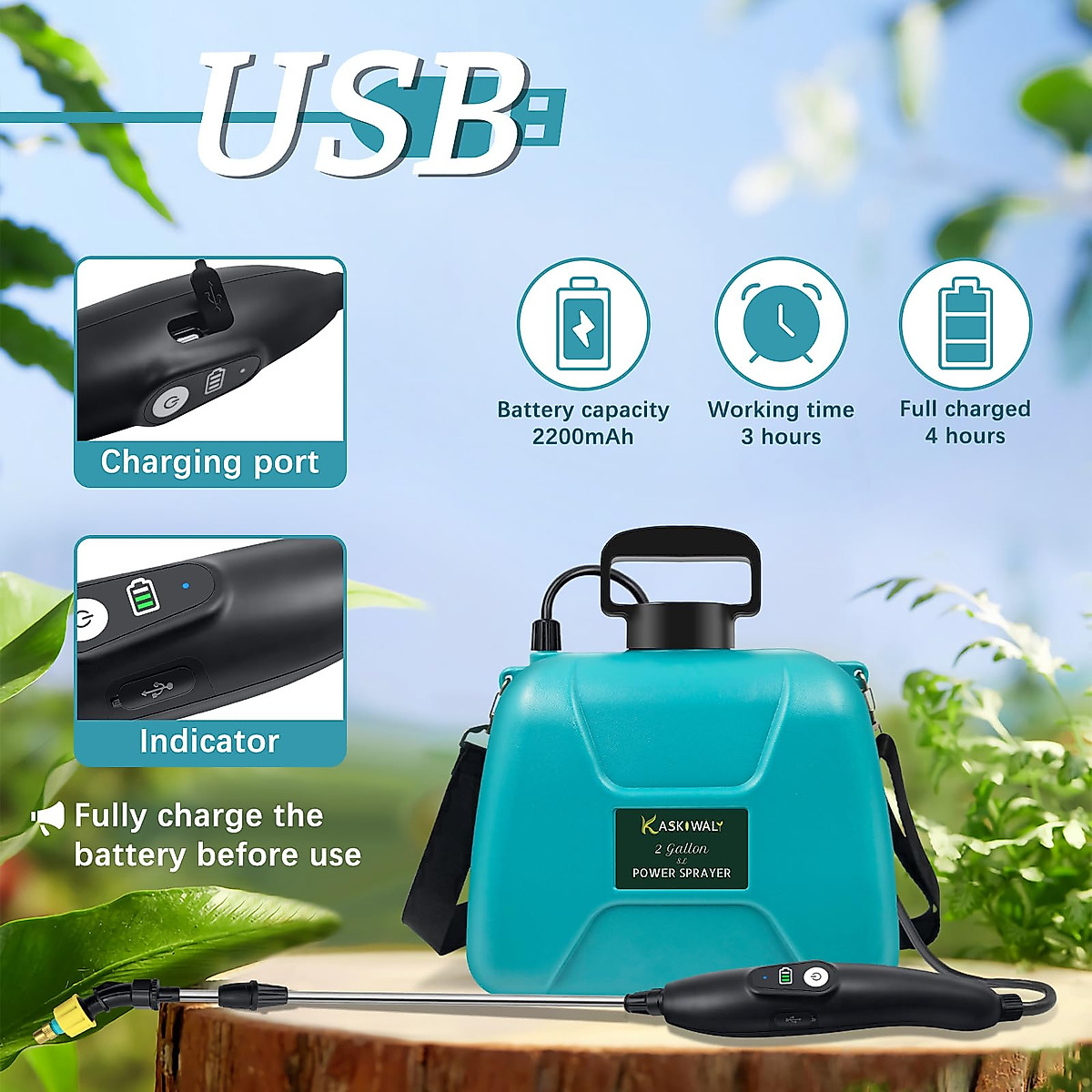 2 Gallon Electric Garden Sprayer, Battery Powered Sprayer with 3 Mist Nozzles, Yard Pump 2 Gallon Sprayer with Retractable Wand, Water Lawn Sprayer with Adjustable Shoulder Strap for Gardening