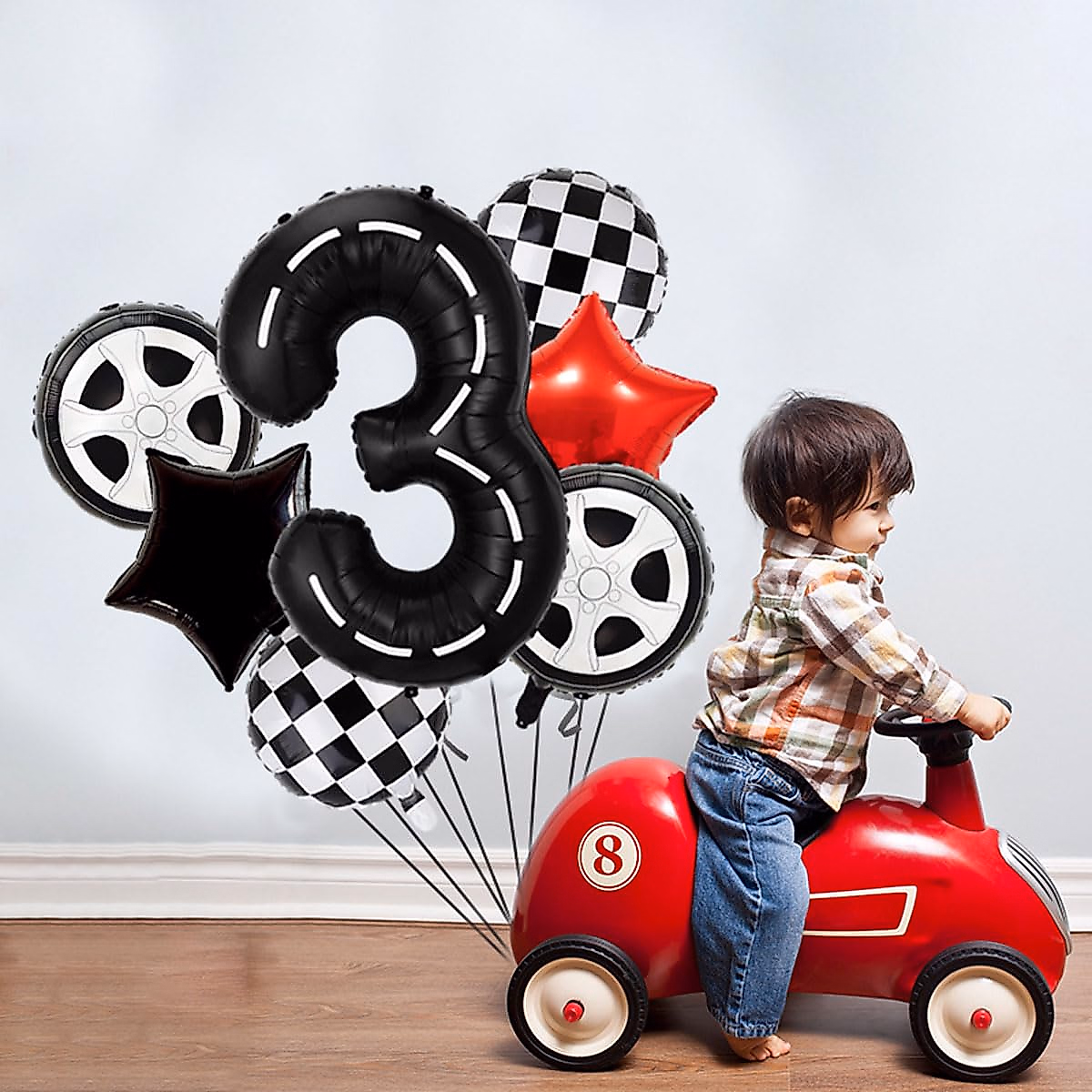 Race Car Birthday Balloons Decorations, 40 Inch Racetrack Black Number 3 Balloon, Eostankr Large Mylar Black 3 Balloon for 3st Birthday Race Car Theme Party Decor Supplies 7 Pcs