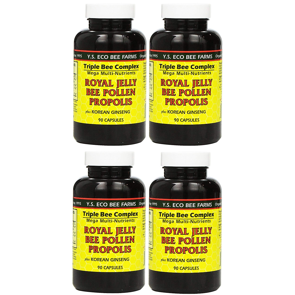 Y.S. Eco Bee Farms, (4 Pack) Royal Jelly, Bee Pollen, Propolis, Plus Korean Ginseng, 90 Capsules