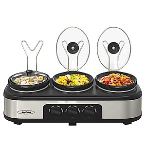 Sunvivi Triple Slow Cooker, Buffet Server & Warmer with 3 Removable Ceramic Pots, 3 Adjustable Temp Settings & 3 Metal Lid Rests, Stainless Steel, 4.5 QT Silver