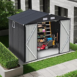 Verano Garden 8'x6' Outdoor Storage Shed, Galvanized Metal Steel Garden Shed with Upgrade Window, Double Door W/Lock, Bike Storage for Backyard, Patio, Lawn (96.85"x63.39"x77.56")