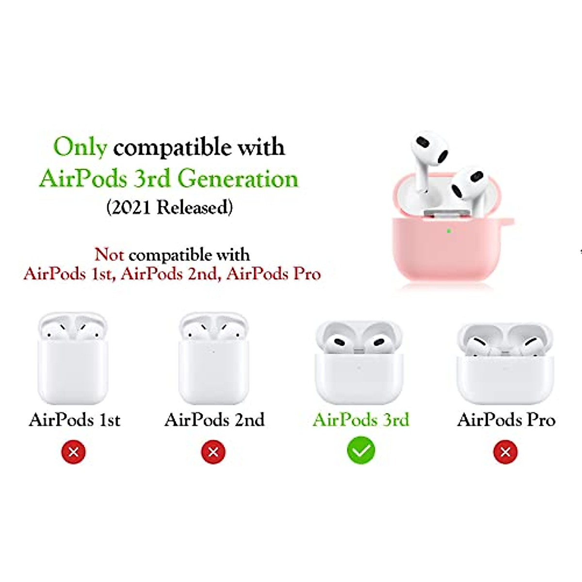 Protective Case Cover for Airpods 3 Charging Case, Soft Silicone Case Compatible with Air Pods 3rd Generation 2021 with Cute Ball Fluffy Pom Pom Keychain Kit (3rd, Pink)