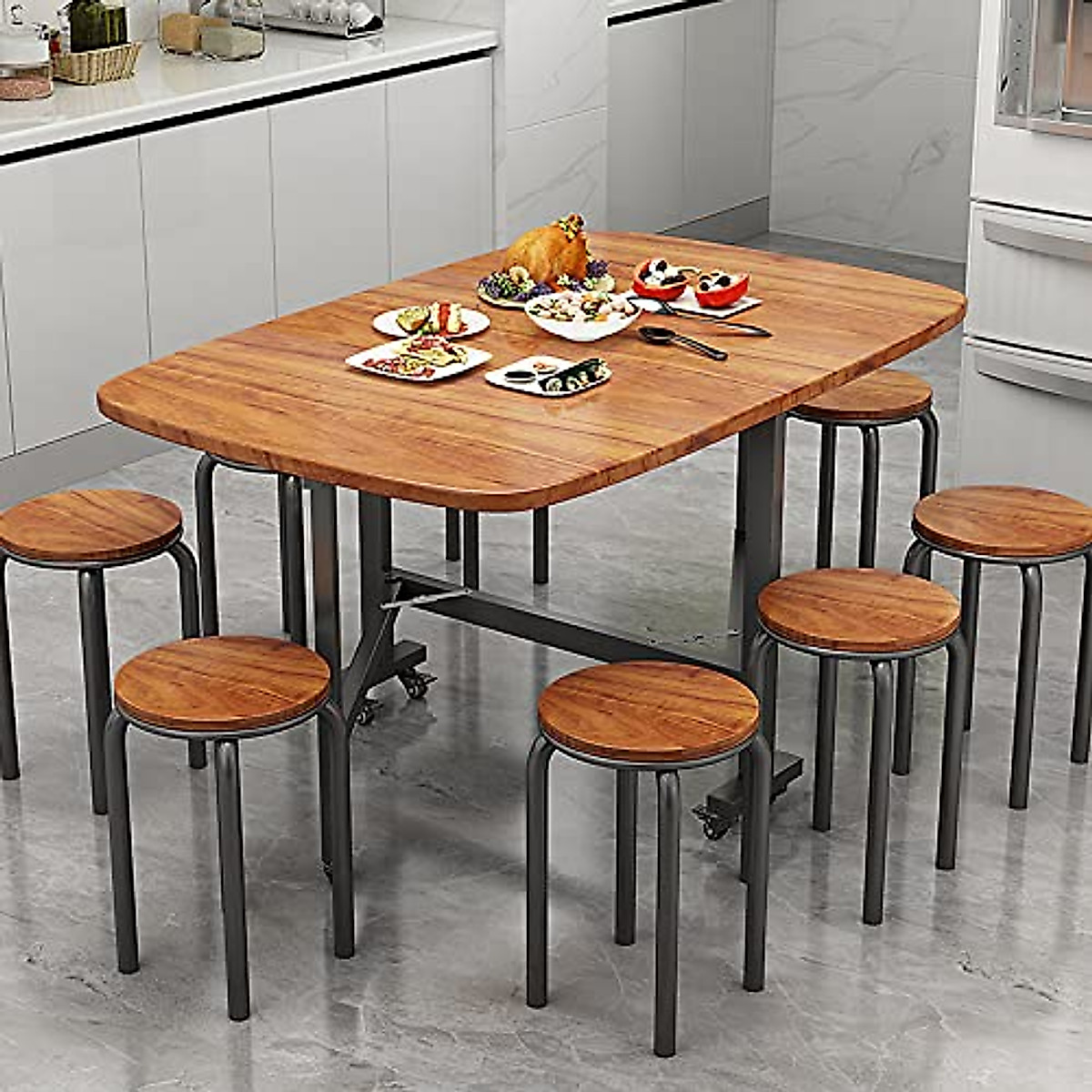 Rukulin Drop Leaf Dining Table – Solid Wooden Foldable Kitchen Table with 6 Wheels for Dining Room (Brown)