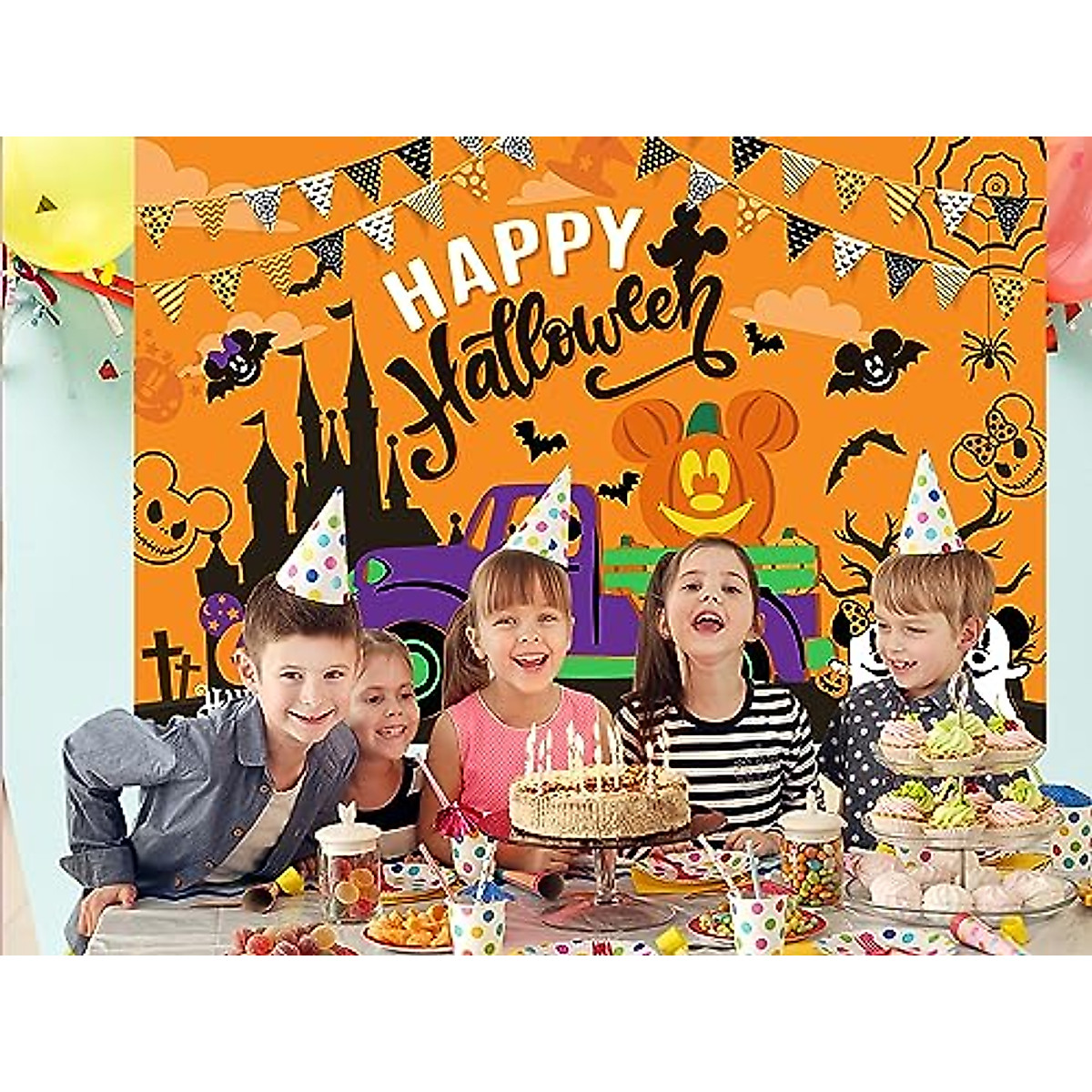 YUNKELIU Cartoon Mouse Happy Halloween Backdrop, Mouse Halloween Theme Party Decorations Happy Halloween Backdrop Banner Halloween Party Decorations for Halloween Indoor Outdoor Party Supplies