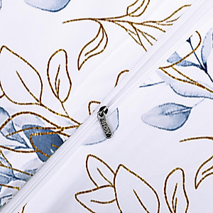Blue Botanical Duvet Cover Set Queen, 3 Pieces Reversible Blue Gold Leaves Printed Bedding Set with Zipper Closure, Soft Microfiber Flower Duvet Cover Queen 90"x90"(Not Comforter)