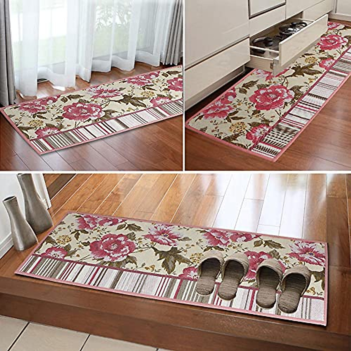 yazi Fabric Kitchen Mat Area Rug Red Striped Flower Non-Slip Rubber Backing Floomat,47x18 Inches