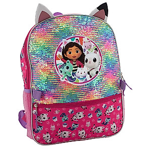 AI ACCESSORY INNOVATIONS Gabby’s Doll House 4 Piece Backpack Set, Flip Sequin 16" School Bag for Girls with Front Zip Pocket, Pink
