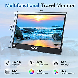 KUMK 4K Portable Monitor 13.3" 3840x2160 UHD USB-C Laptop Monitor with Kickstand & Carrying Bag, Eye Care Screen HDR Speakers FreeSync External Gaming Monitor for Mac PC Phone Xbox Switch PS5/4, Black