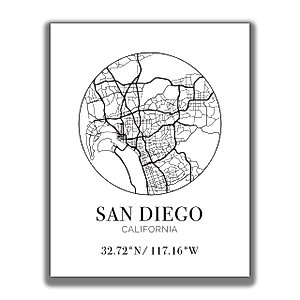 San Diego CA City Street Map Wall Art - 11x14 UNFRAMED Modern Abstract Black & White Aerial View Decor Print with Coordinates. Makes a great California-Themed Gift.