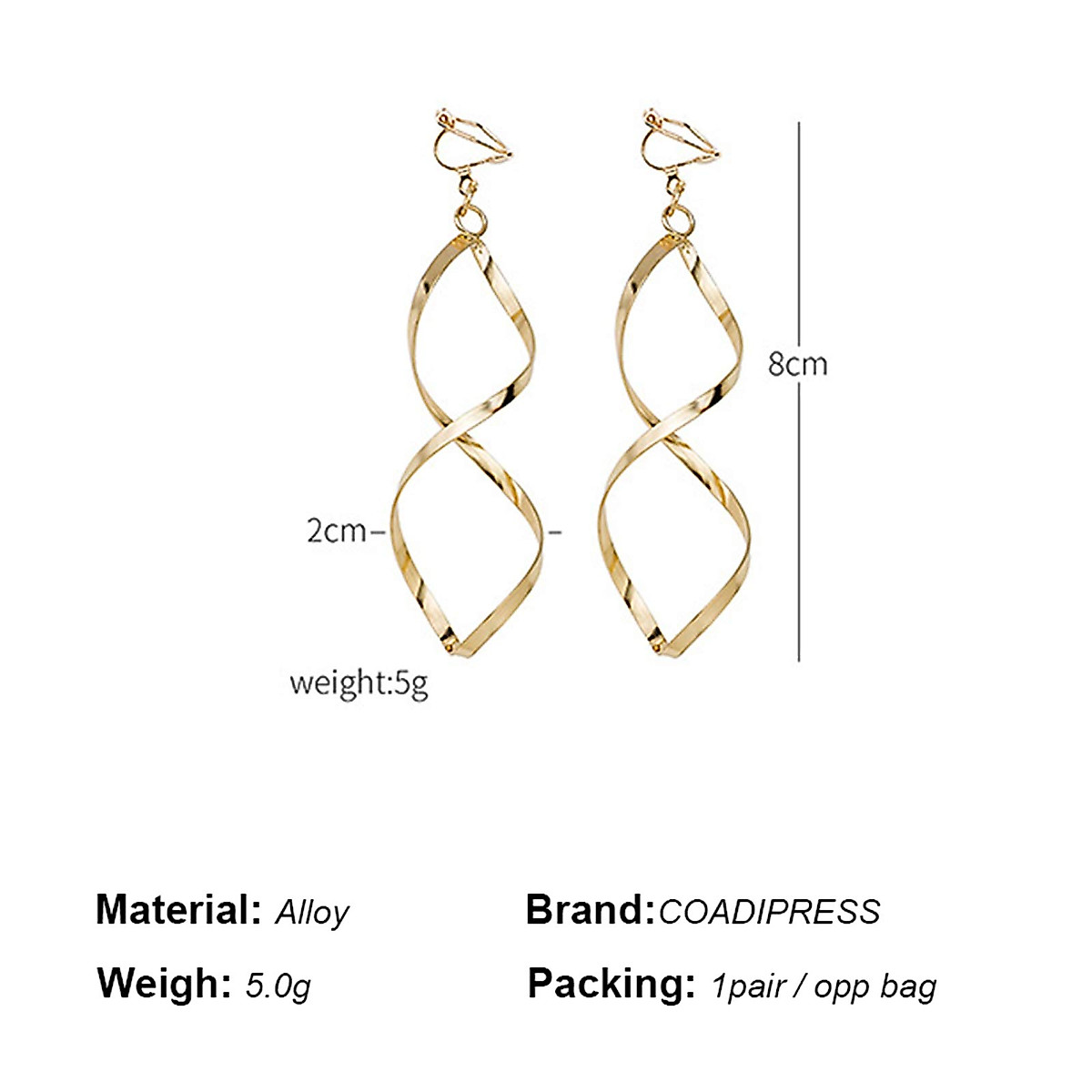 coadipress 2 Pairs Twisted Clip On Earrings for Women Fashion Gold Silver Plated Spiral Curved Wave Statement Clip-on Earrings Non Piercing Earrings (2 Pairs Twisted Clip)