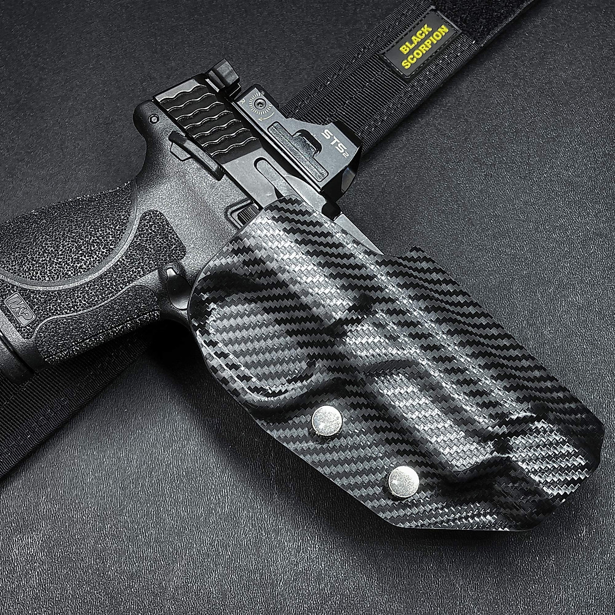 Black Scorpion Outdoor Gear Pro Competition Holster OWB Kydex fits Smith and Wesson MP9, MP40 M2.0 5'' 3GUN, IPSC, USPSA Approved, Adjustable in All Angles and Retention (Carbon Fiber)