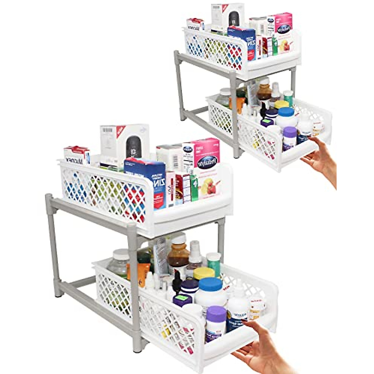 Skywin Plastic Sliding Organizers - 2 Tier Sliding Storage Bins - Pull out cabinet drawers for organizing pantry cabinets (White - 2 Pack)