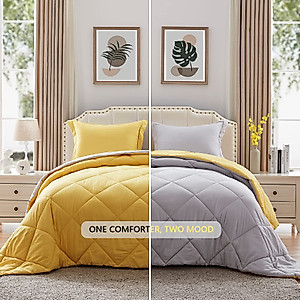 NexHome Lightweight Comforter Set King Size, Down Alternative Solid Comforter Set Thin Microfiber Reversible Summer Bedding Comforter with 2 Pillow Sham (King, Yellow/Light Grey)