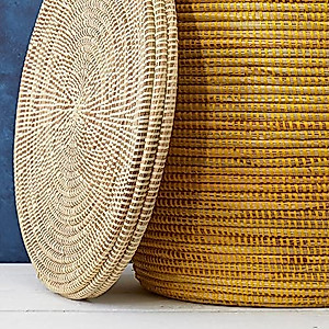 Senegal Extra Large Hand Woven Grass Yellow Beige Color Block Basket with Flat Lid
