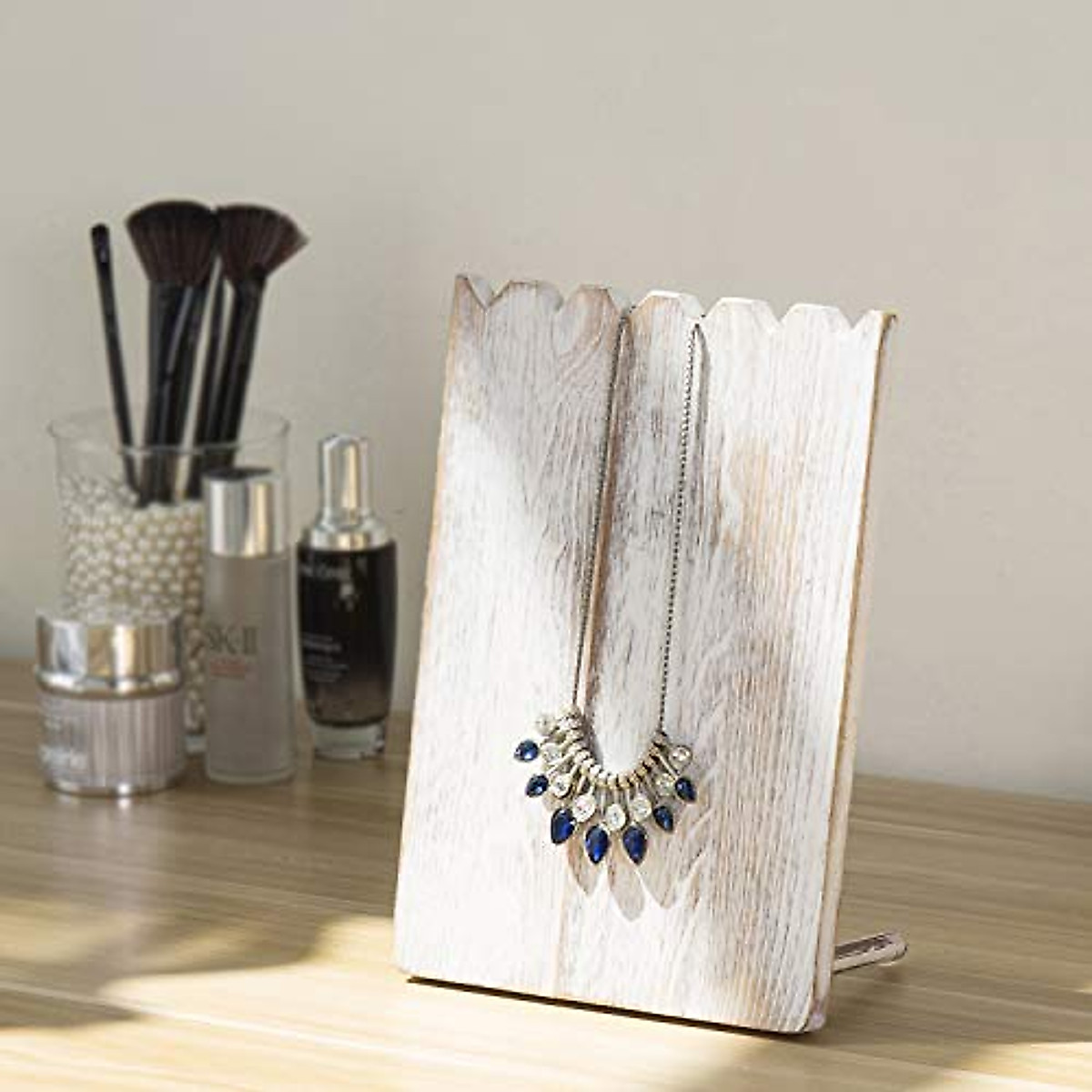 MyGift Whitewashed Wood Necklace Holder Stand, Adjustable Length Necklace Bracelet Jewelry Organizer Display Stand - Holds up to 3 Necklaces