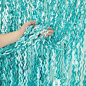 4 Pack 3.3 ft x 6.6 ft Wavy Aqua Teal Blue Tinsel Foil Fringe Curtains Backdrop - Wave Metallic Foil Curtains for Wedding Girl Princess Bachelorette Euphoria Theme Party Decoration