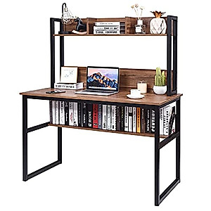 Tangkula Computer Desk with Hutch, Home Office Desk Study Writing Desk with Storage Bookshelves, Space Saving Computer Workstation for Home Office (Light Walnut)