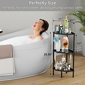 Corner Shower Caddy Standing, 3 Tier Shower Organizer Stand with 18 Hooks for Bathroom, Metal Corner Shower Shelf for Inside Shower, Bathtub, Floor Shower Shelves Rack Hang Towels, Matte Black