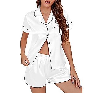 SWOMOG Womens Silk Satin Pajama Set Short Sleeve Pjs Set 2 Piece Button Down Sleepwear Lounge Sets Loungewear White