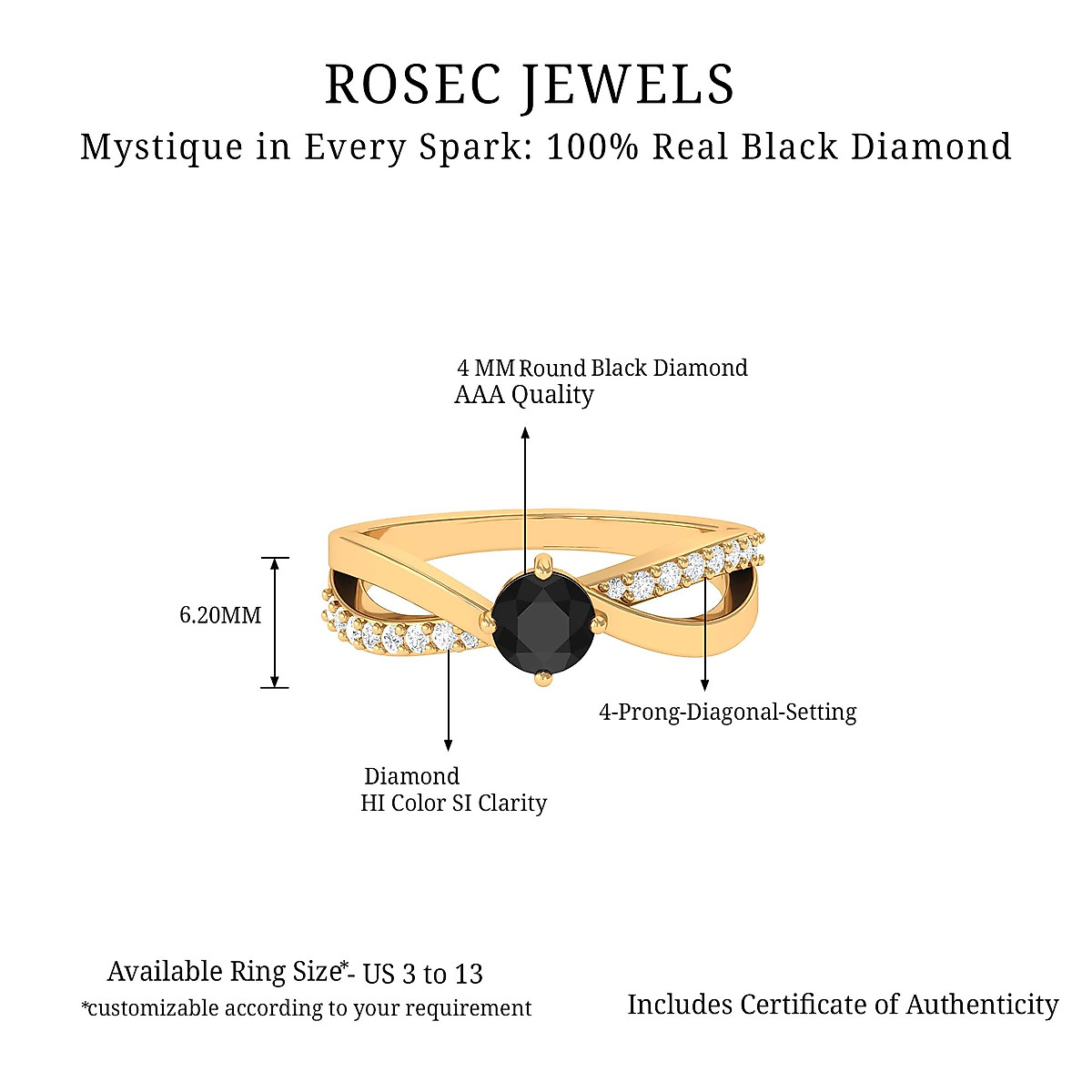 Rosec Jewels Certified Black and White Diamond Promise Ring, AAA Quality, Natural Diamond Pinky Ring for Women - Ready To Gift, 14K Yellow Gold, Size:US 7.00