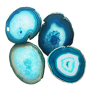 AMOYSTONE Teal Agate Coasters for Drinks Geode Coasters Set of 4 Crystal Quartz Rock Coasters Agate Slices with Rubber Bumpers 3-3.5"