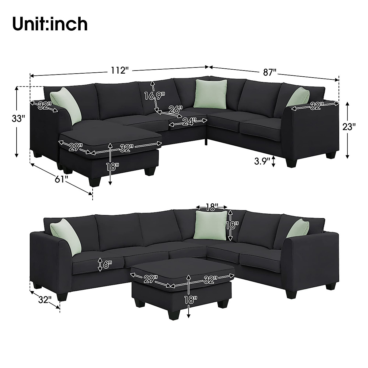 ACQCA 112" Upholstered Sectional Sofa Sets with Removable Ottoman, 7-Seater Modular Corner Couch with 3 Pillows for Livingroom, Office,Black