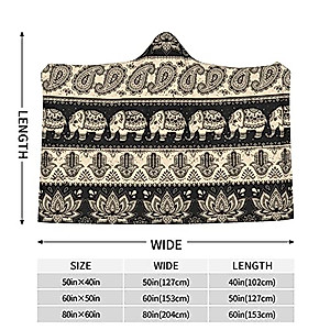 Ethnic Elephant Paisley Flannel Wearable Blanket Hoodie-Plush Warm Blanket Fleece Blankets For Bed Couch Hooded Blanket For Kids Adults Travel Throw Blankets Gift