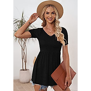 KALEEJOY Women's Casual V-neck Slim Tunics Shirts Short Sleeve Waisted Babydoll Blouse Tops for Leggings Summer Female T Shirts, Black, M