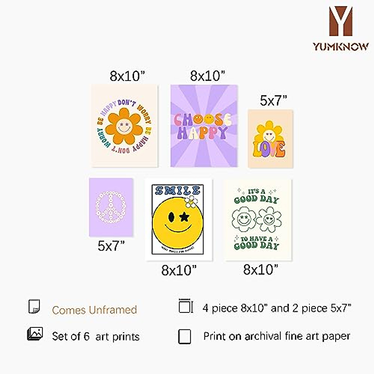 Cool Vintage Happy Smile Faces Picture - Don‘t Worry Choose Happy Good Vibe Aesthetic - Retro Cute Poster - Postive Quotes Wall Art Print - Hippie Indie Kidcore Room Decor - 60s 70s Groovy Love Art