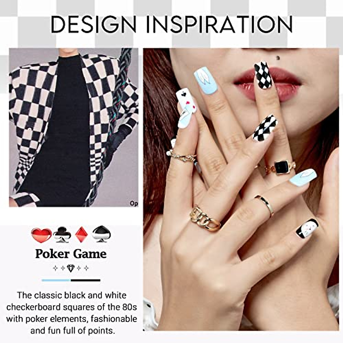 Press on Nails Medium Short Square GLAMERMAID, Black White Fake Nails with Design Checkerboard 24Pcs Acrylic False Nail Kits Stick Glue on Nails Sets for Women Reusable Full Cover Gel Nails
