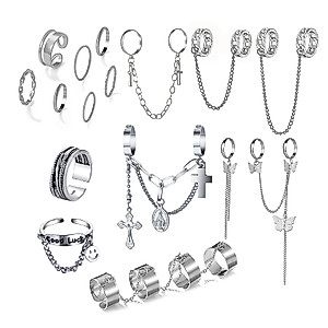 CJIAYUJEW 16PCS Chain Rings Gothic Punk Chain Finger Ring Set for Women Men,Vintage Silver Emo Rings Cross Butterfly Knuckle Ring