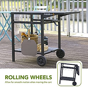PIZZELLO Outdoor Grill Dining Cart Movable Pizza Oven Trolley BBQ Stand Double -Shelf Outdoor Worktable with 2 Wheels and 4 Hooks