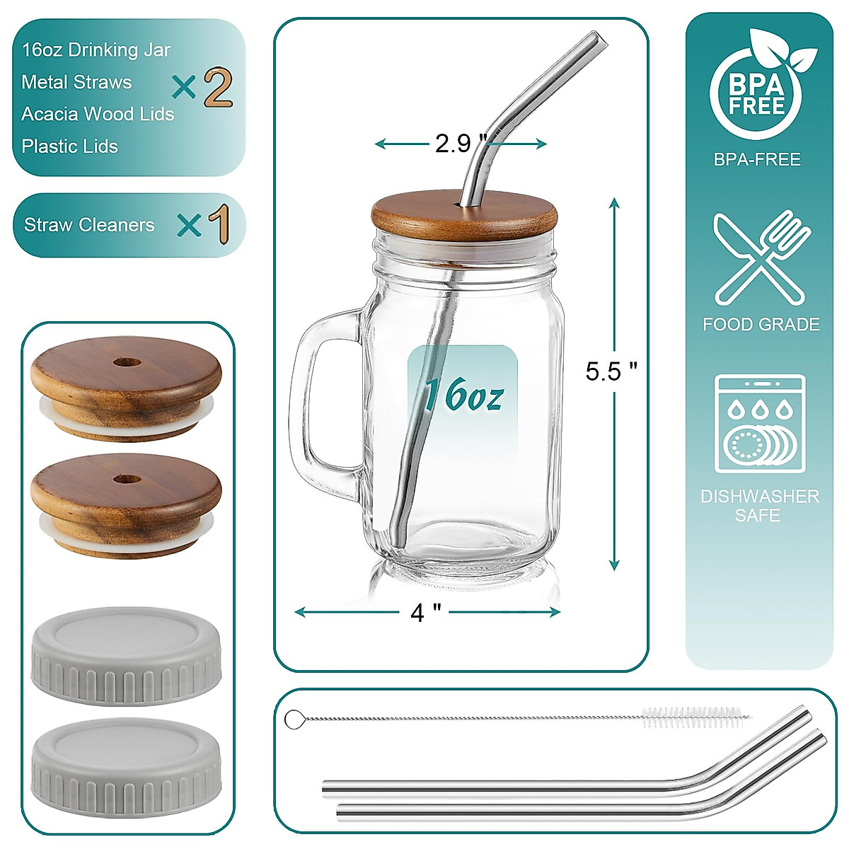 DRASTAR Mason Jar Cups with Lids and Straws, 16oz Mason Jar with Handle, Glass Cups with Acacia Wood Lids, Mason Jar Drinking Glasses Cups Set of 2