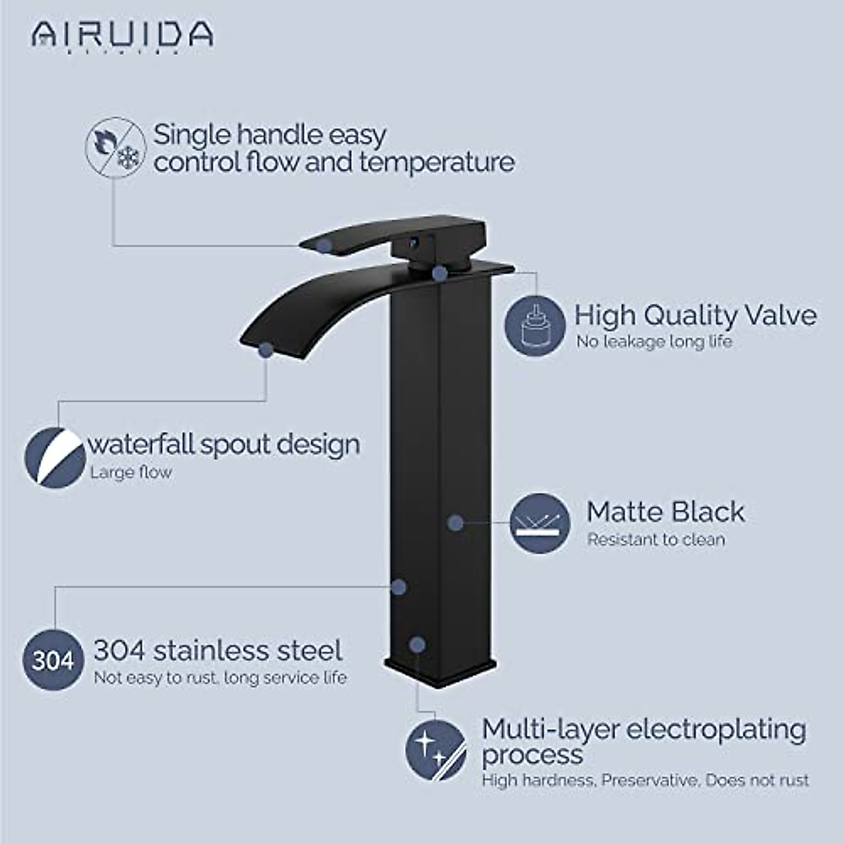 Airuida Vessel Sink Faucet Matte Black, Tall Waterfall Bathroom Faucet, Single Handle One Hole Mixer Bowl Tap with Large Rectangular Spout, Bar Sink Faucet Lavatory Vanity