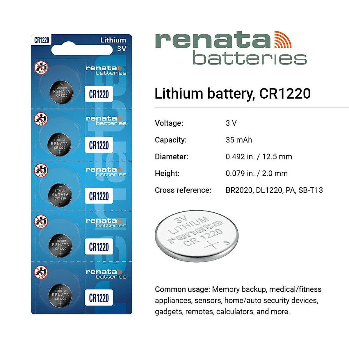 Renata CR1220 Batteries - 3V Lithium Coin Cell 1220 Battery (2 Count)