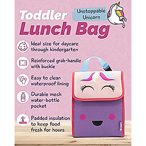 JOY2B Kids Lunch Bag - Insulated Unicorn Lunch Bag Kids with Water Bottle Holder - Reusable Snack Bags for Boys and Girls, Lunch Box Kids Perfect for School Camp Travel - Unstoppable Unicorn