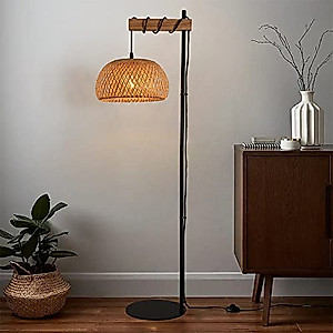 SUNLLOK Boho Rattan Floor Lamp with Foot Switch, Industrial Bamboo Semicircle Lampshade Standing Lamp, Modern Black Woven Tall Floor Light for Living Room, Kitchen Island, Bedroom, Office Restaurant