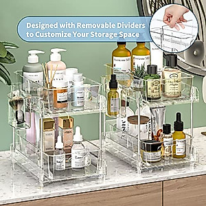 DOMNIU 2 Tier Clear Organizer with Dividers, Pantry Organization and Storage Multi Purpose Slide-Out Bathroom Organizer, Kitchen Pantry Medicine Cabniet Bins, Under Sink Organizer with Hanging Cup
