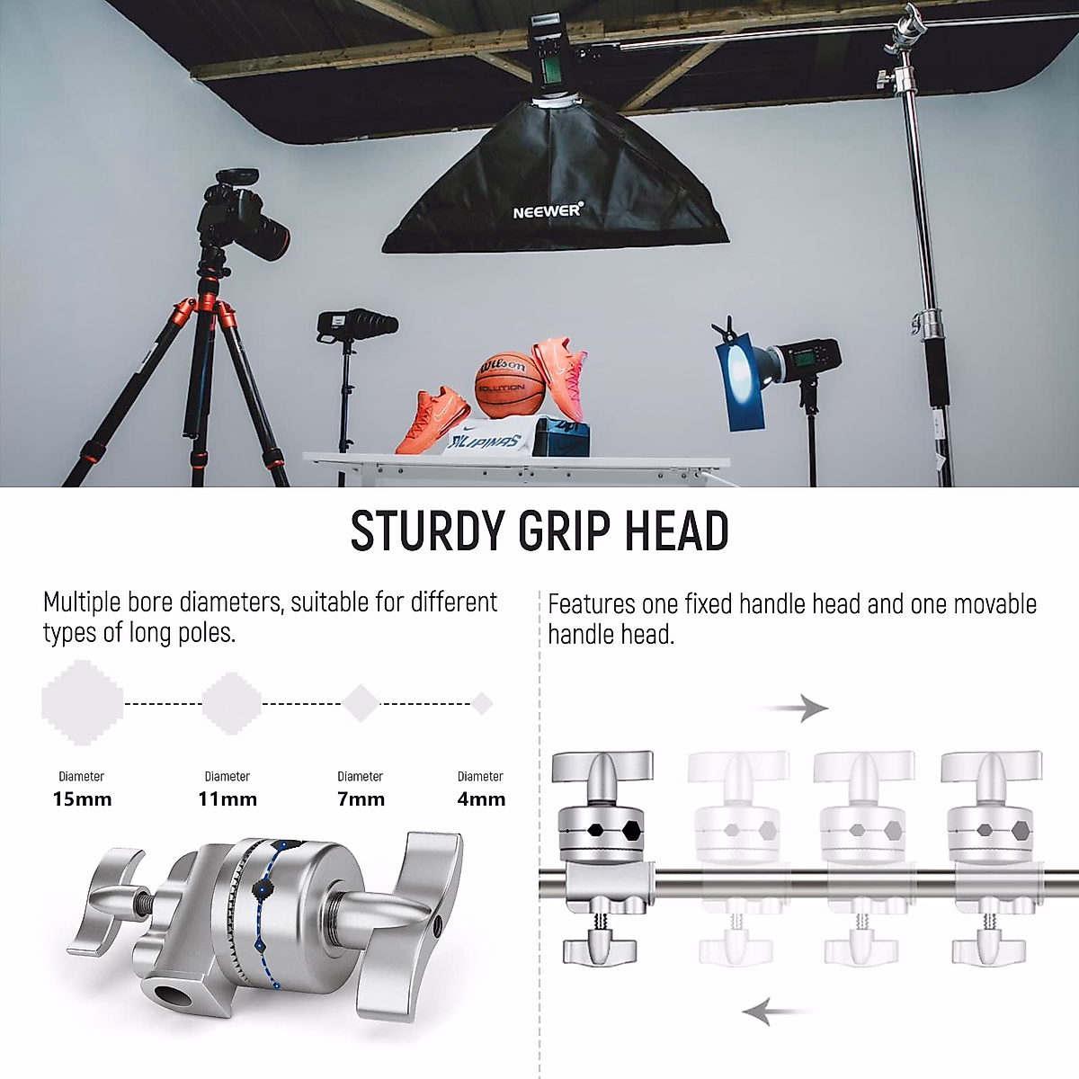NEEWER C Stand with Boom Arm & Sliding Legs, Pro 100% Stainless Steel Stand Max Height 10.13ft/309cm with 3.9ft/120cm Arm & 2 Grip Heads for Photography Umbrellas, Reflectors, Softboxes and Monolights