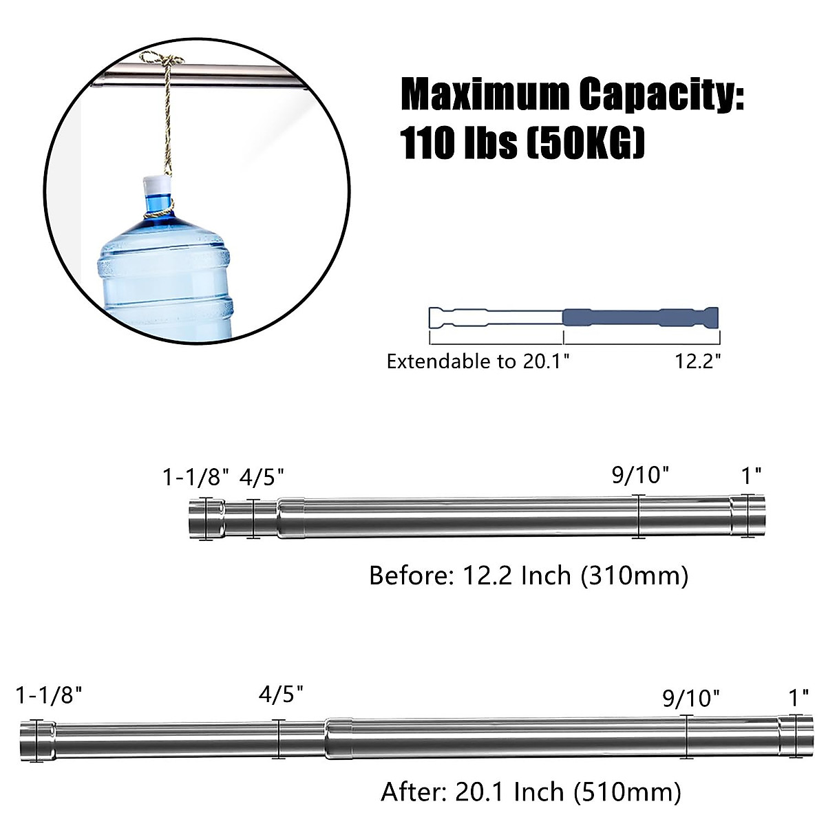 RHBLME 4 Pack Adjustable Closet Rod for Hanging Clothes, 12.2 to 20.1 Inch Stainless Steel Clothing Hanger Telescopic Rod, Heavy Duty Closet Hanging Rod Silver Closet Poles for Wardrobes