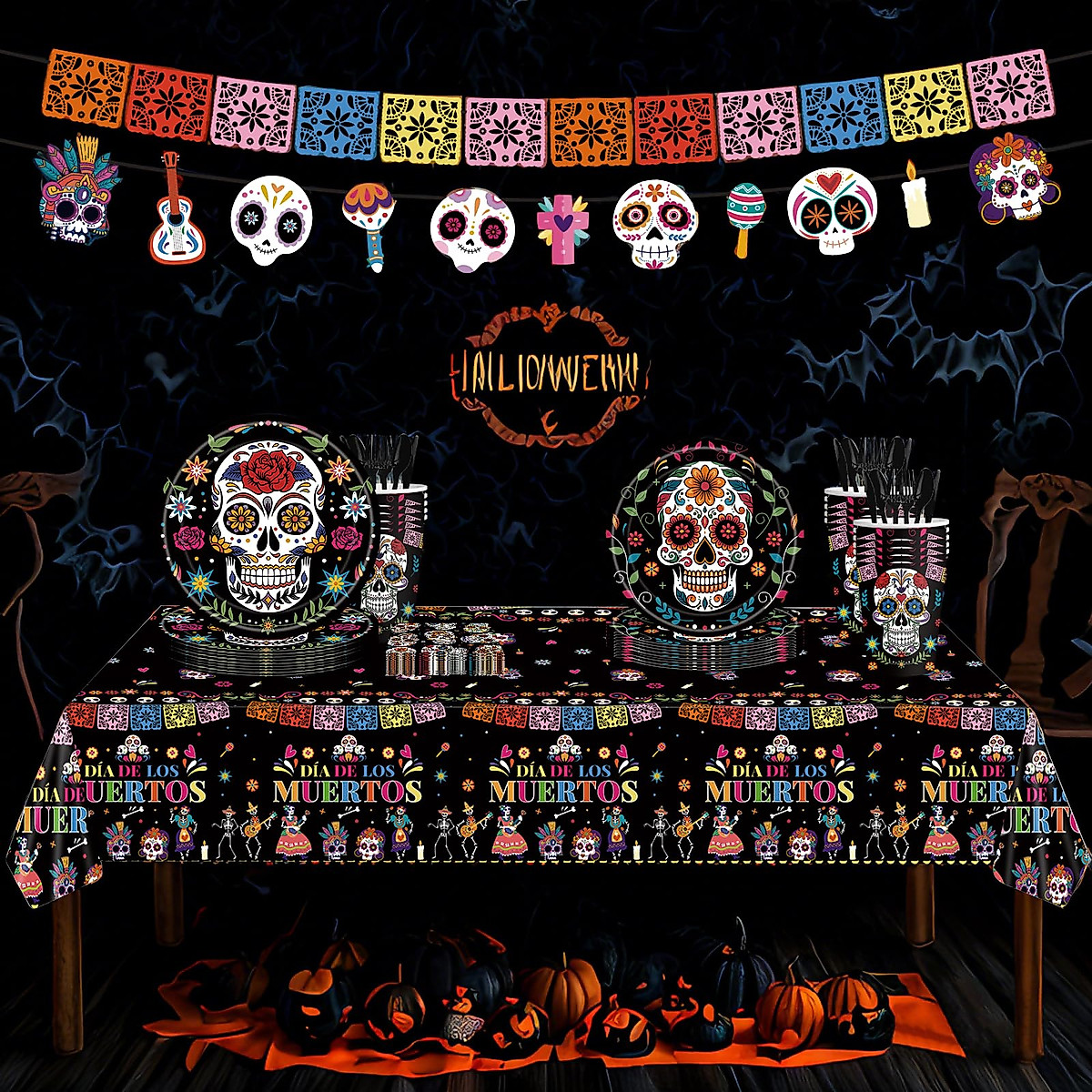 130 PCS Skull Party Supplies with Skeleton Paper Plates,Cake PlatesNapkins, Cups and Cutlery for Skull Birthday Party Decorations, Disposable Dinnerware Set (Serves 10)