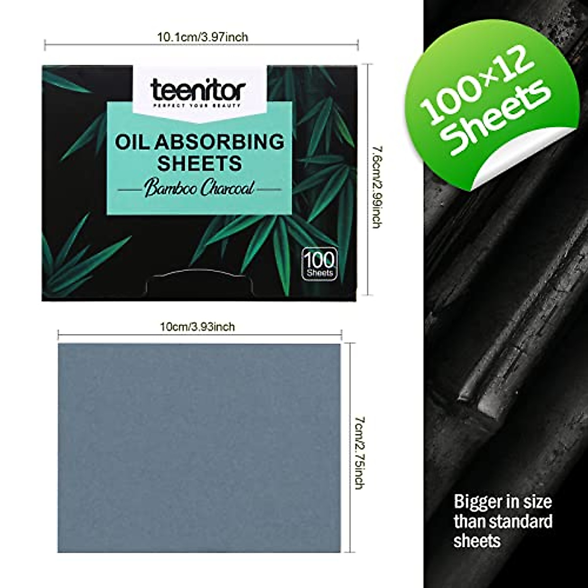 1200 Sheets Natural Blotting Paper for Oily Skin with Bamboo Charcoal, Oil Blotting Sheets for Face, Makeup Blotting Paper, 3 7/8" and 2.75"