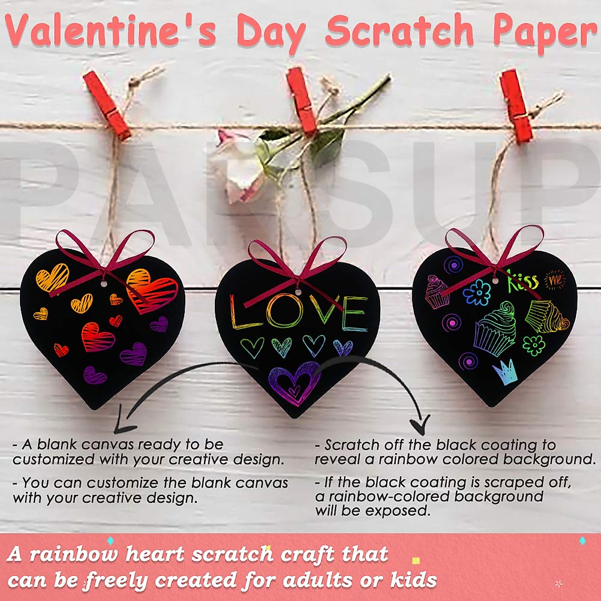 Valentines Day Scratch Paper 96 Pieces Art Rainbow Heart-shaped Scratch Craft Art with Wooden Styluses and Ribbons for Kids Decorative Arts and Crafts Valentine's Day Wedding