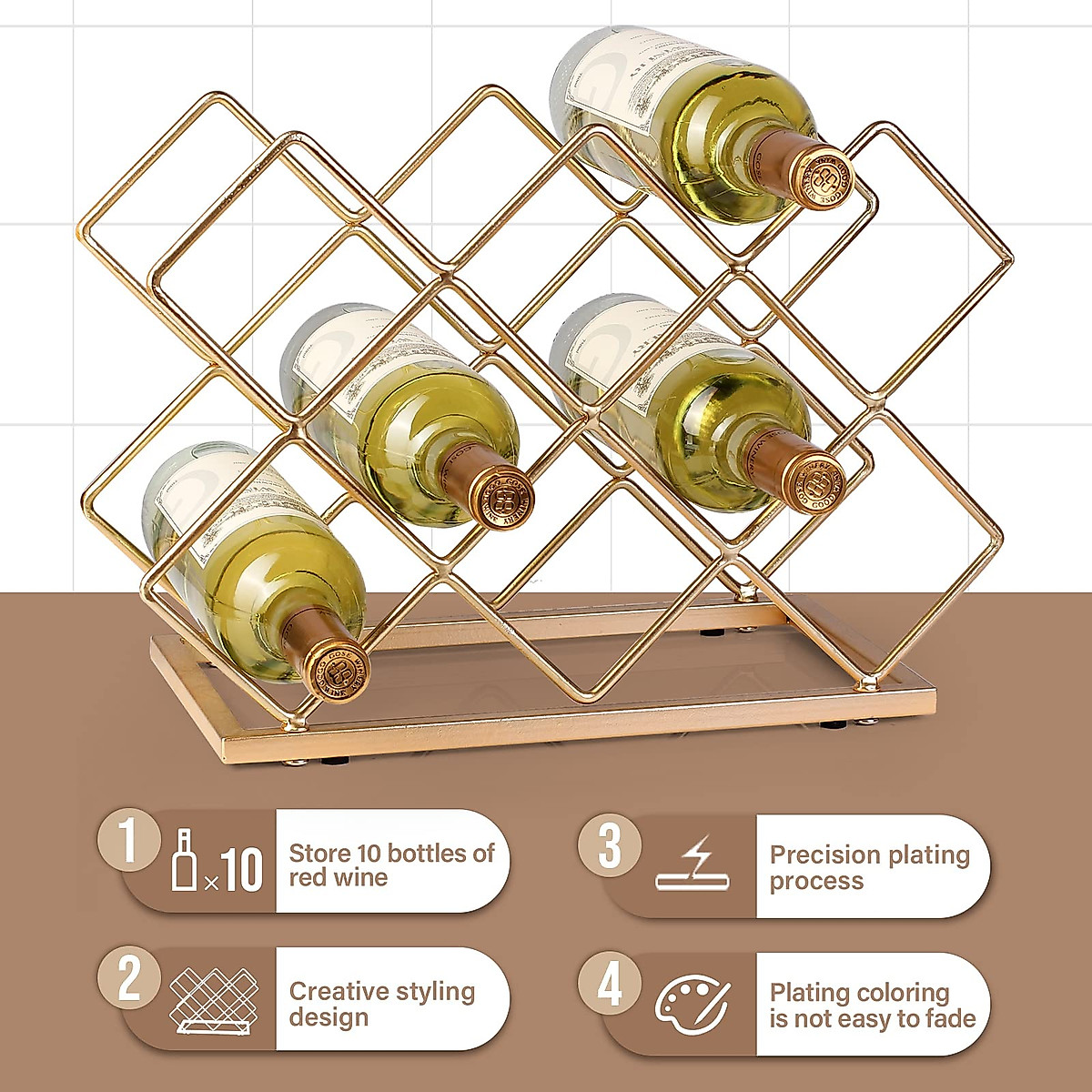 Drincarier Countertop Wine Rack - 10 Bottle Freestanding Modern Gold Metal Small Wine Rack - Tabletop Wine Holder Stand for Cabinet, Pantry, Wine Bottle Storage……