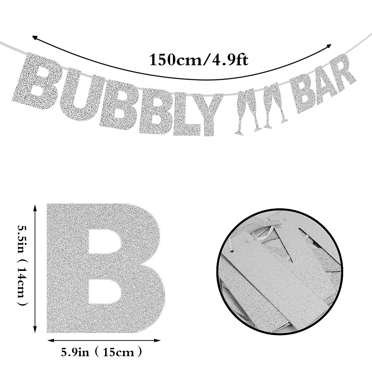 LINGTEER Bubbly Bar Silver Glitter Bunting Banner - Cheers to Wedding Bridal Shower Bachelorette Drinking Party Backdrop Decorations.[Pre-Strung]