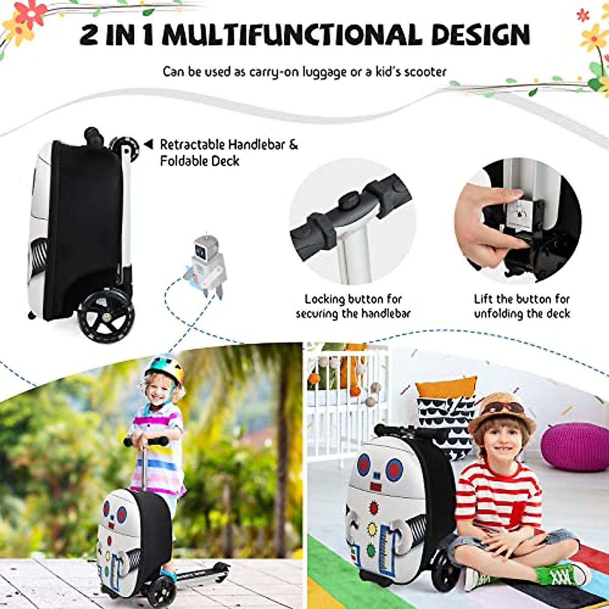 GLACER 19” Hardshell Ride-on Suitcase Scooter, Carry-on Luggage & Scooter w/LED Wheels, Anti-Slip Aluminum Deck, Foldable Kids Ride-on Suitcase for Travel & School, Cute & Lightweight (Robot)