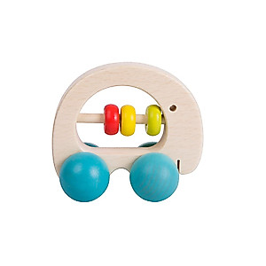 Classic World Wooden Rattle, Elephant Baby Rattle Wood Teether Grasping Toys Rings Push and Pull Toy